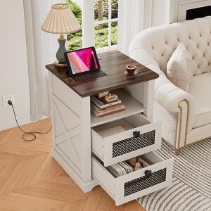 LDTTCUK Nightstand with Charging Station, End Table with 2 Drawers & Open Storage,Sofa Side Table with Mesh Drawers, Farmhouse Design Bedside Table for Living Room, Bedroom, White