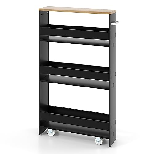 GLOBALWAY 4 Tier Slim Storage Cart, Mobile Shelving Unit Organizer with Wheels & Handle, Rolling Utility Cart for Kitchen Bathroom Laundry Narrow Places, Space Saving