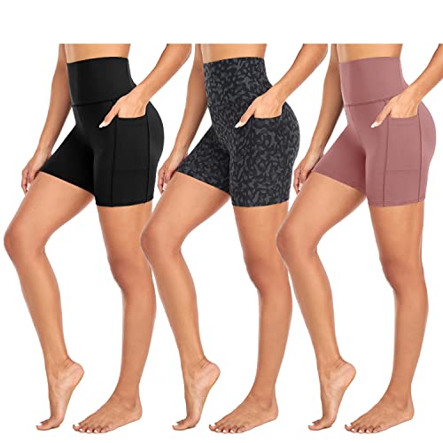 MOREFEEL 3 Pack High Waisted Biker Shorts for Women with Pockets – 5" Buttery Soft Workout Yoga Athletic Shorts