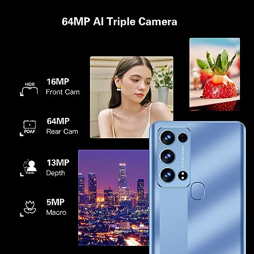 ExAchat Rino9 Pro 5G Unlocked Smartphone,Android 13 Phone 6GB+256GB 6.6" FHD+ Display 90Hz 64MPAI Camera Cell Phones Unlocked 5500mAh Dual SIM/GPS/Fingerprint/Face ID(Blue)