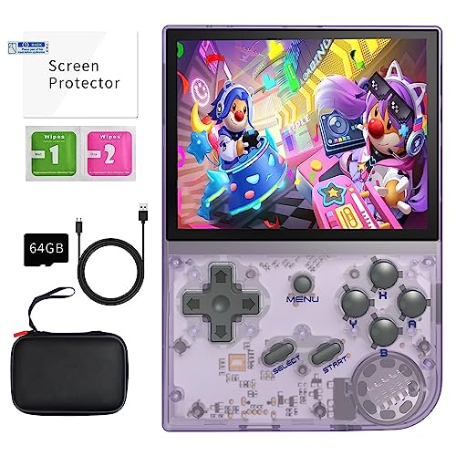 RG35XX Handheld Game Console , Dual System Linux+GarlicOS 3.5 Inch IPS Screen Built-in 64G TF Card 6831 Classic Games Support HDMI TV Output with Portable Bag (Transparent Purple)