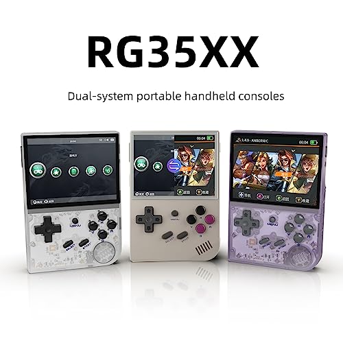 RG35XX Handheld Game Console , Dual System Linux+GarlicOS 3.5 Inch IPS Screen Built-in 64G TF Card 6831 Classic Games Support HDMI TV Output with Portable Bag (Transparent Purple)