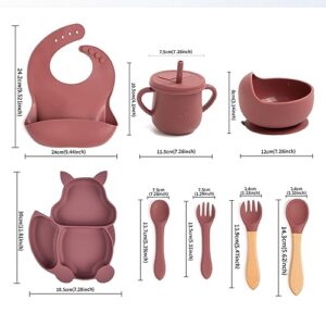 Silicone Baby Feeding Set, Baby Led Weaning Supplies with Suction Plate and Bowl, Toddler Plates and Bowls Set with Spoons Forks Sippy Cup Adjustable Bib, Eating Utensils