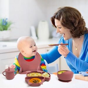 Silicone Baby Feeding Set, Baby Led Weaning Supplies with Suction Plate and Bowl, Toddler Plates and Bowls Set with Spoons Forks Sippy Cup Adjustable Bib, Eating Utensils