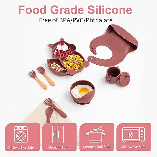 Silicone Baby Feeding Set, Baby Led Weaning Supplies with Suction Plate and Bowl, Toddler Plates and Bowls Set with Spoons Forks Sippy Cup Adjustable Bib, Eating Utensils