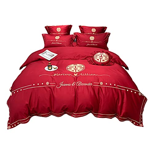 OQHAIR 60 Long-Staple Cotton Double Happiness Embroidered Four-Piece Set Red Cotton Duvet Cover Bed Cover Wedding Simple Bedding (Color : B 5-Piece Suit, Size : 1.5m) (A 4 Piece Suit)