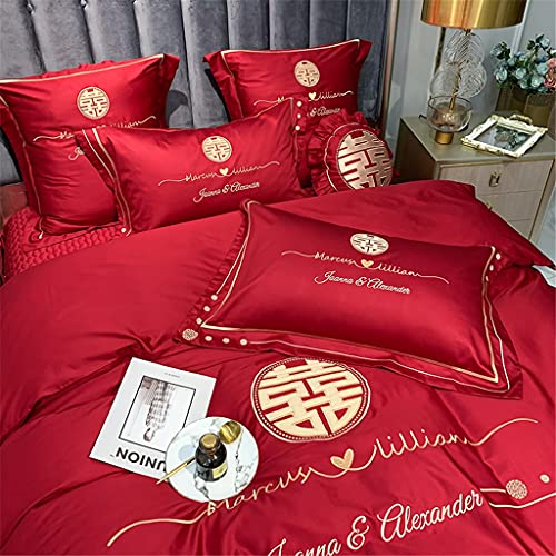 OQHAIR 60 Long-Staple Cotton Double Happiness Embroidered Four-Piece Set Red Cotton Duvet Cover Bed Cover Wedding Simple Bedding (Color : B 5-Piece Suit, Size : 1.5m) (A 4 Piece Suit)