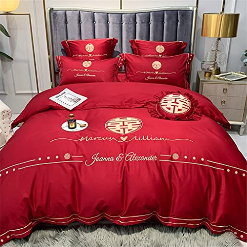 OQHAIR 60 Long-Staple Cotton Double Happiness Embroidered Four-Piece Set Red Cotton Duvet Cover Bed Cover Wedding Simple Bedding (Color : B 5-Piece Suit, Size : 1.5m) (A 4 Piece Suit)