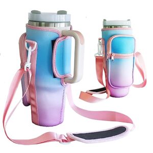 water bottle carrier bag for stanley quencher h2.0, 40oz bottle pouch holder with adjustable shoulder strap, water bottle sling sleeve with phone pocket for hiking travelling camping (bluepurple)