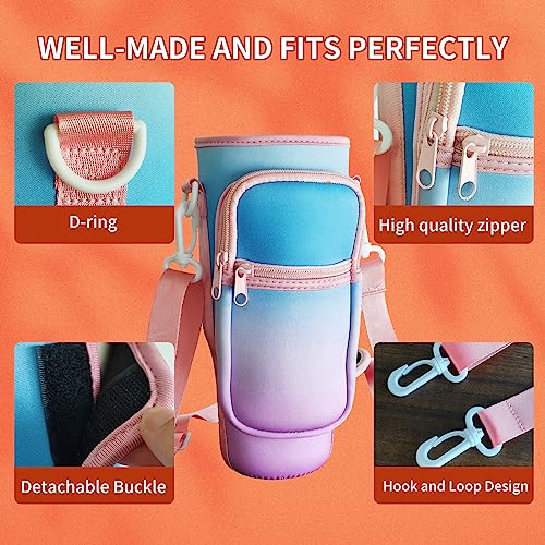 Water Bottle Carrier Bag for Stanley Quencher H2.0, 40oz Bottle Pouch Holder with Adjustable Shoulder Strap, Water Bottle Sling Sleeve with Phone Pocket for Hiking Travelling Camping (Bluepurple)