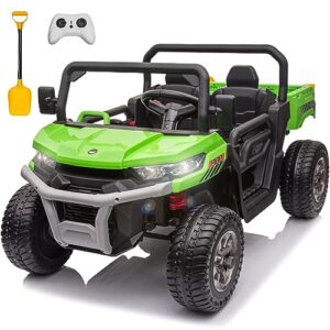 Sopbost 24V Ride On Toys for Big Kids 2 Seater Battery Powered Off-Road Kids UTV 4x75W Motors 4WD EVA Wheels Side by Side Electric Ride On Dump Truck with Electric Dump Bed, Shovel, Green