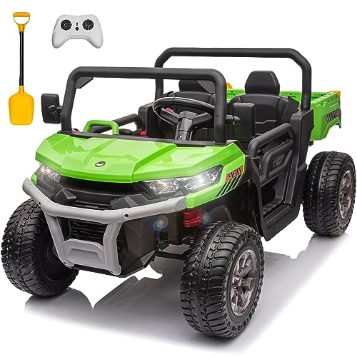 Sopbost 24V Ride On Toys for Big Kids 2 Seater Battery Powered Off-Road Kids UTV 4x75W Motors 4WD EVA Wheels Side by Side Electric Ride On Dump Truck with Electric Dump Bed, Shovel, Green