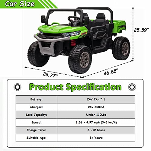 Sopbost 24V Ride On Toys for Big Kids 2 Seater Battery Powered Off-Road Kids UTV 4x75W Motors 4WD EVA Wheels Side by Side Electric Ride On Dump Truck with Electric Dump Bed, Shovel, Green