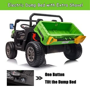 Sopbost 24V Ride On Toys for Big Kids 2 Seater Battery Powered Off-Road Kids UTV 4x75W Motors 4WD EVA Wheels Side by Side Electric Ride On Dump Truck with Electric Dump Bed, Shovel, Green