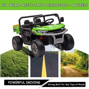 Sopbost 24V Ride On Toys for Big Kids 2 Seater Battery Powered Off-Road Kids UTV 4x75W Motors 4WD EVA Wheels Side by Side Electric Ride On Dump Truck with Electric Dump Bed, Shovel, Green