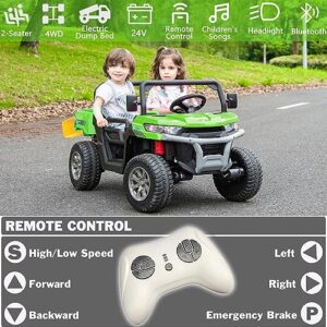 Sopbost 24V Ride On Toys for Big Kids 2 Seater Battery Powered Off-Road Kids UTV 4x75W Motors 4WD EVA Wheels Side by Side Electric Ride On Dump Truck with Electric Dump Bed, Shovel, Green