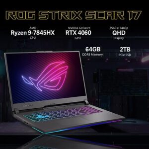 ASUS 2023 ROG Strix G17 17.3” QHD 240Hz Gaming Laptop, AMD Ryzen 9-7845HX, NVIDIA GeForce RTX 4060, 64GB DDR5, 2TB PCIe SSD, RGB Backlit Keyboard, Wi-Fi 6E, Win 11 Home, Gray, 32GB Snowbell USB Card