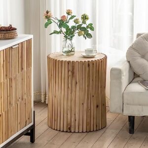 williamspace farmhouse round side table end table with vertical texture relief design, wood small retro cylindrical coffee table for living room apartment, ø20.47" x 24.02"