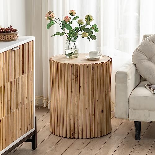 WILLIAMSPACE Farmhouse Round Side Table End Table with Vertical Texture Relief Design, Wood Small Retro Cylindrical Coffee Table for Living Room Apartment, ø20.47" x 24.02"