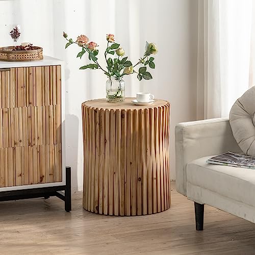 WILLIAMSPACE Farmhouse Round Side Table End Table with Vertical Texture Relief Design, Wood Small Retro Cylindrical Coffee Table for Living Room Apartment, ø20.47" x 24.02"