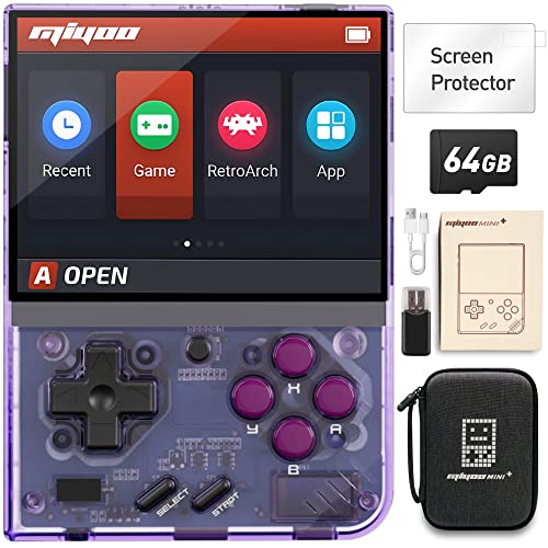 Miyoo Mini Plus Handheld Game Console, with Dedicated Storage Case, 3.5 Inch IPS 640x480 Screen, 64G TF Card with 10,000+ Games, 3000mAh 7+Hours Battery, Support Wireless Network (Purple 64G+Case)