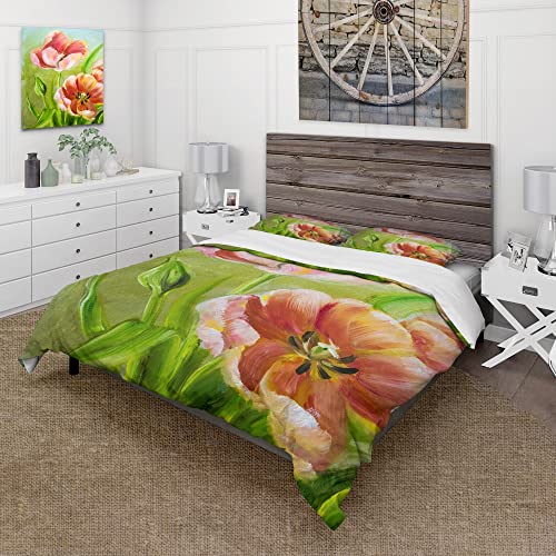 DESIGN ART Designart 'Vintage Red Tulips Flowers III' Traditional Duvet Cover Comforter Set King Cover + Comforter + 2 King Shams 4 Piece