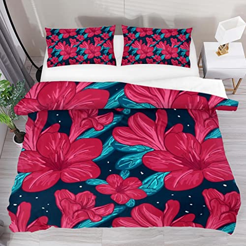 DragonBtu Red Flowers 3 Piece with 2 Pillow Shams Comfortable Print Bedding Set Soft Comforter Cover Set for Women Girl