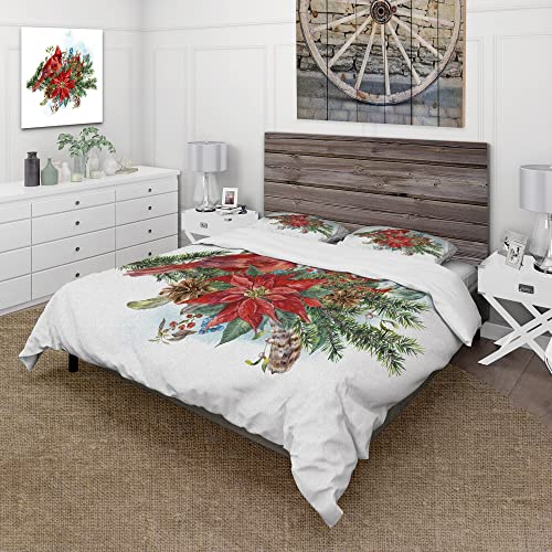 DESIGN ART Designart 'Christmas Poinsettia and Red Cardinal Bird' Traditional Duvet Cover Comforter Set Twin Cover + Comforter + 1 Sham 3 Piece