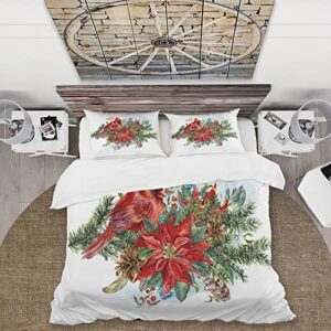 DESIGN ART Designart 'Christmas Poinsettia and Red Cardinal Bird' Traditional Duvet Cover Comforter Set Twin Cover + Comforter + 1 Sham 3 Piece