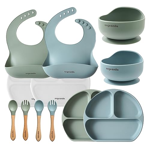 Ange Smile Silicone Baby Feeding Set - 12pcs Baby Led Weaning Supplies, Suction Bowl, Divided Plate, Spoons, Forks, Adjustable Bib, Eating Utensils for 6+ Months. Perfect baby registry essential gift