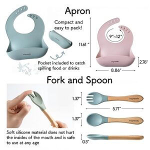 Ange Smile Silicone Baby Feeding Set - 12pcs Baby Led Weaning Supplies, Suction Bowl, Divided Plate, Spoons, Forks, Adjustable Bib, Eating Utensils for 6+ Months. Perfect baby registry essential gift