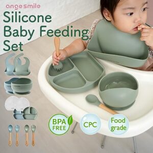 Ange Smile Silicone Baby Feeding Set - 12pcs Baby Led Weaning Supplies, Suction Bowl, Divided Plate, Spoons, Forks, Adjustable Bib, Eating Utensils for 6+ Months. Perfect baby registry essential gift