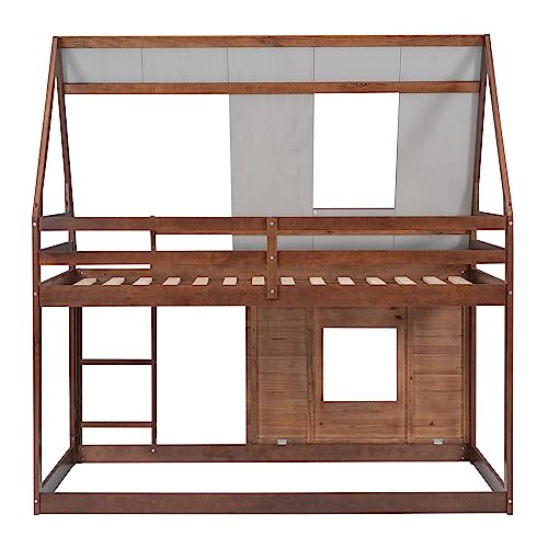 Merax Twin Over Twin Bunk Bed Wood Frame with Roof, Ladder and 2 Windows for Kids Teens Girls Boys，Oak & Smoky Grey