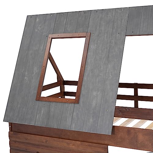 Merax Twin Over Twin Bunk Bed Wood Frame with Roof, Ladder and 2 Windows for Kids Teens Girls Boys，Oak & Smoky Grey