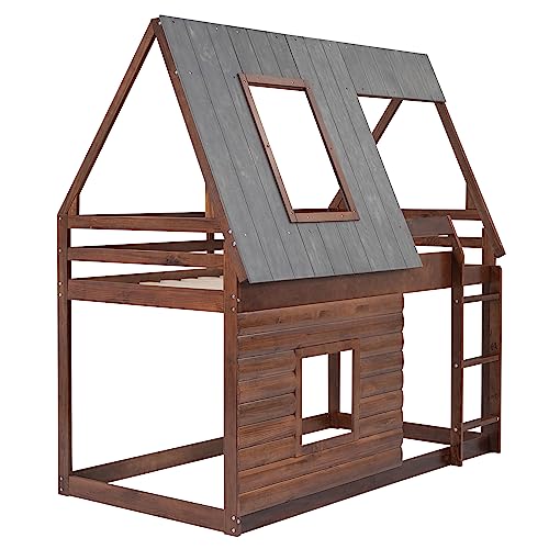 Merax Twin Over Twin Bunk Bed Wood Frame with Roof, Ladder and 2 Windows for Kids Teens Girls Boys，Oak & Smoky Grey