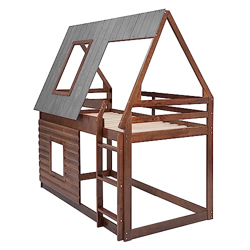 Merax Twin Over Twin Bunk Bed Wood Frame with Roof, Ladder and 2 Windows for Kids Teens Girls Boys，Oak & Smoky Grey