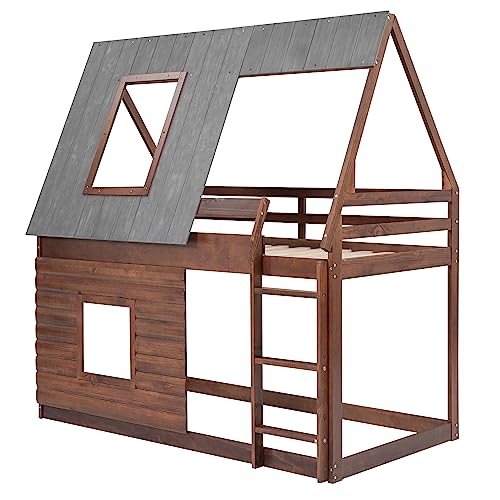 Merax Twin Over Twin Bunk Bed Wood Frame with Roof, Ladder and 2 Windows for Kids Teens Girls Boys，Oak & Smoky Grey