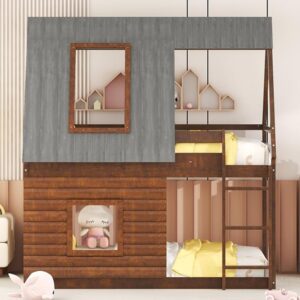 Merax Twin Over Twin Bunk Bed Wood Frame with Roof, Ladder and 2 Windows for Kids Teens Girls Boys，Oak & Smoky Grey