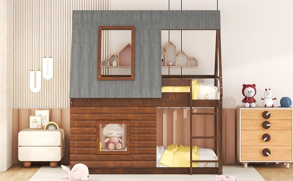 Merax Twin Over Twin Bunk Bed Wood Frame with Roof, Ladder and 2 Windows for Kids Teens Girls Boys，Oak & Smoky Grey