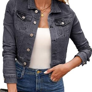 luvamia Womens Fashion Long Sleeve Button Down Stretchy Denim Jean Jacket Denim Jacket For Women Shirt Jacket Women Women Clothing Faded Black Size Small Fits Size 4 / Size 6