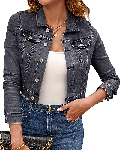 luvamia Womens Fashion Long Sleeve Button Down Stretchy Denim Jean Jacket Denim Jacket For Women Shirt Jacket Women Women Clothing Faded Black Size Small Fits Size 4 / Size 6