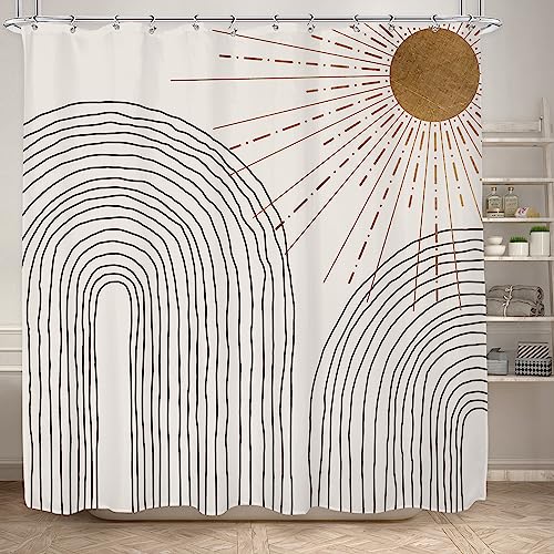 KOMLLEX Boho Abstract Sun Arches Shower Curtain for Bathroom Decor 72Wx72H Inches Mid Century Modern Minimalist Rainbow Sunshine Black Beige Simple Art Lines Fabric Waterproof Polyester 12 Pack Hooks