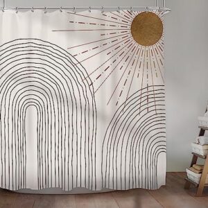 KOMLLEX Boho Abstract Sun Arches Shower Curtain for Bathroom Decor 72Wx72H Inches Mid Century Modern Minimalist Rainbow Sunshine Black Beige Simple Art Lines Fabric Waterproof Polyester 12 Pack Hooks