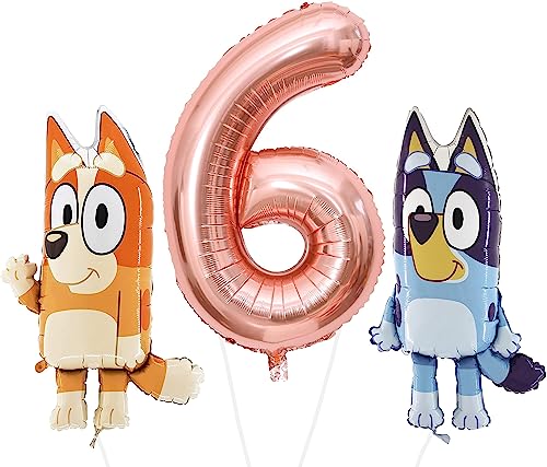 Toyland® Bluey & Bingo Foil Balloon Birthday Pack - 2 x 32" Character Balloons & 1 x 40" Number Balloon - Kids Party Decorations