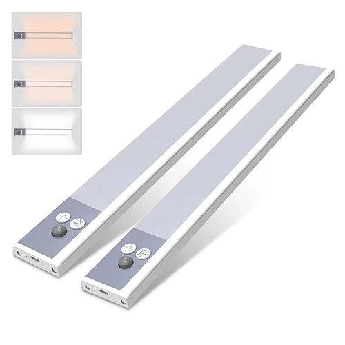 Under Cabinet Lights, 60-LED Dimmable Motion Sensor Light with 3-Modes and 3-Colors, 1500mAh Rechargeable Wireless Lighting Stick-on Anywhere for Cabinet Closet Kitchen Counter (2 Pack)