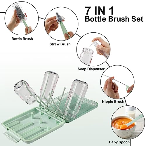 7 in 1 Bottle Brush Set-Travel Brush Cleaner Kit with Extendable Silicone Bottle Brush,Drying Rack,Nipple Brush,Straw Brush,Soap Dispenser & Storage Box,Baby Travel Essential for Moms (Green)