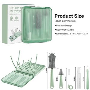 7 in 1 Bottle Brush Set-Travel Brush Cleaner Kit with Extendable Silicone Bottle Brush,Drying Rack,Nipple Brush,Straw Brush,Soap Dispenser & Storage Box,Baby Travel Essential for Moms (Green)