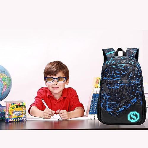 Backpack for Kids Boys Elementary Bookbag 17 Inch Middle School Bag Primary Waterproof Rucksack for Teens Travel Fits Ages 6+ YO（Graffiti-Blue Black)