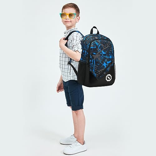 Backpack for Kids Boys Elementary Bookbag 17 Inch Middle School Bag Primary Waterproof Rucksack for Teens Travel Fits Ages 6+ YO（Graffiti-Blue Black)