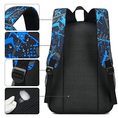 Backpack for Kids Boys Elementary Bookbag 17 Inch Middle School Bag Primary Waterproof Rucksack for Teens Travel Fits Ages 6+ YO（Graffiti-Blue Black)